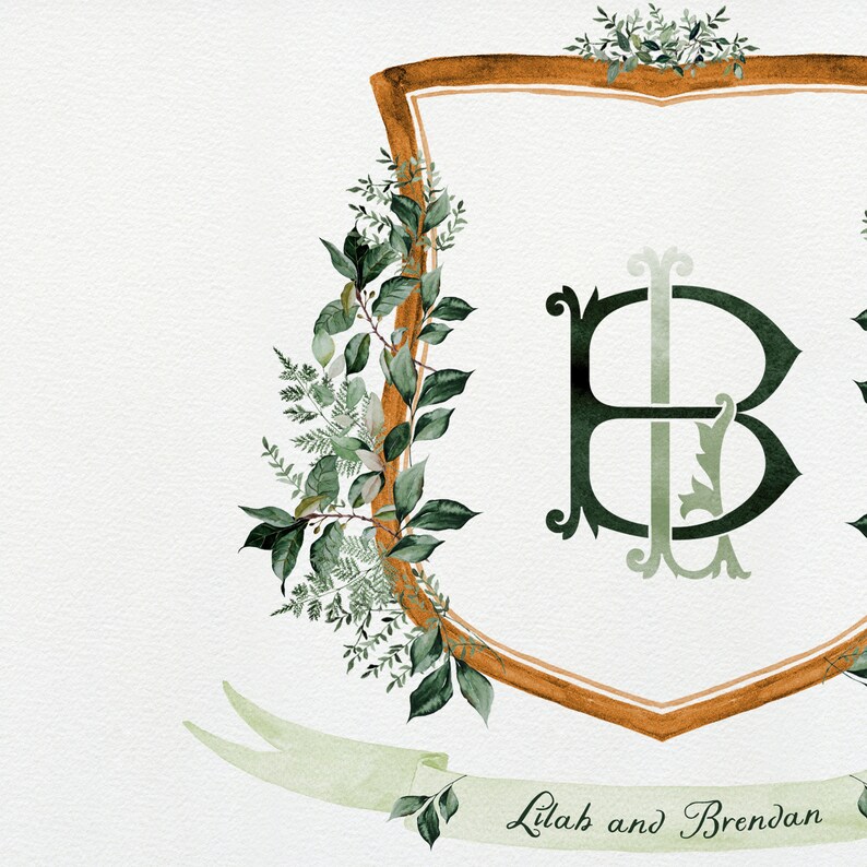 Greenery and Gold Watercolor Monogram Wedding Crest Monogram - Etsy