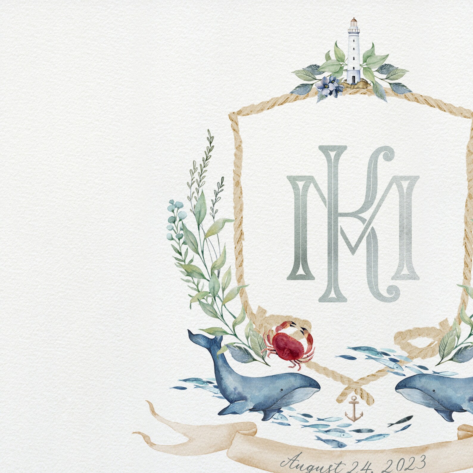 Ocean Wedding Watercolor Crest Monogram Whale Crest - Etsy