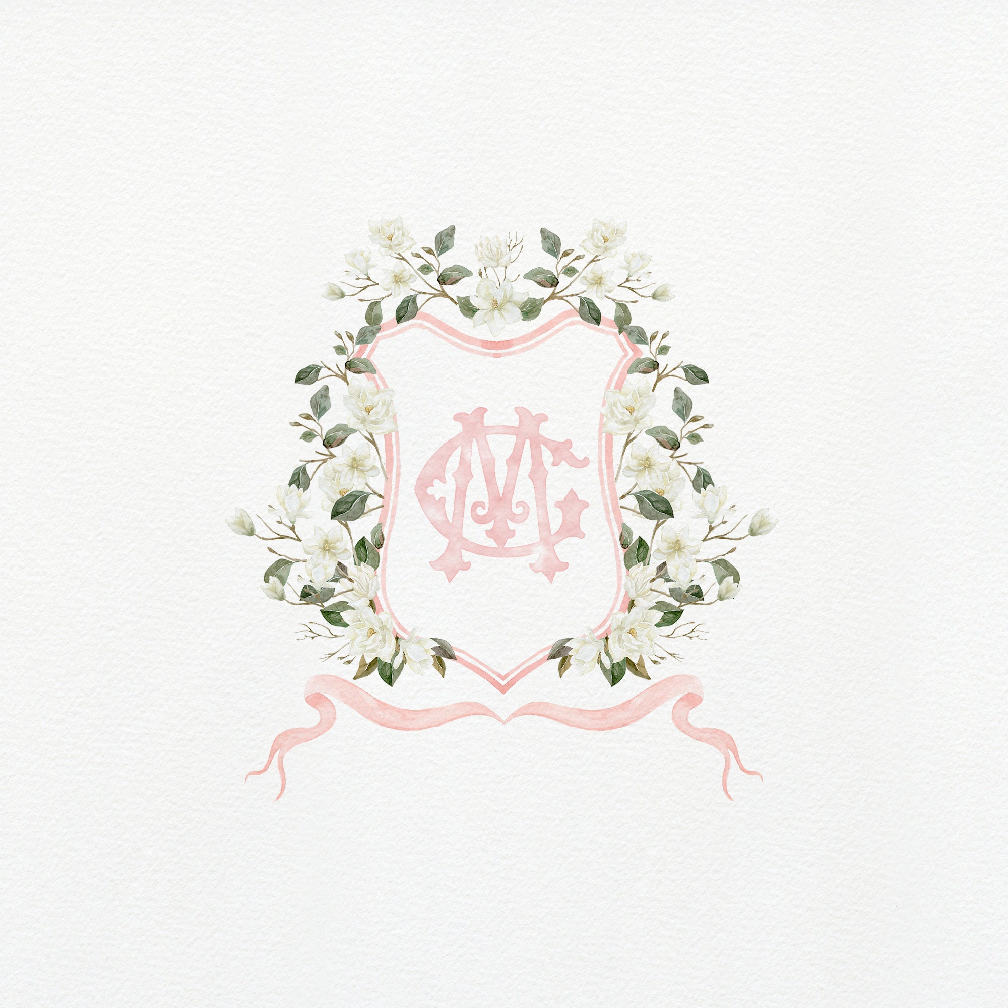 Pink Magnolia Watercolor Crest Monogram Magnolia Wedding | Etsy