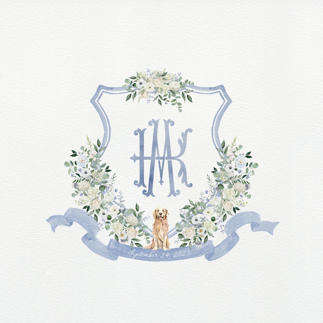 Blue and White Wedding Crest | Monogram Crest | Golden Retriever Crest ...