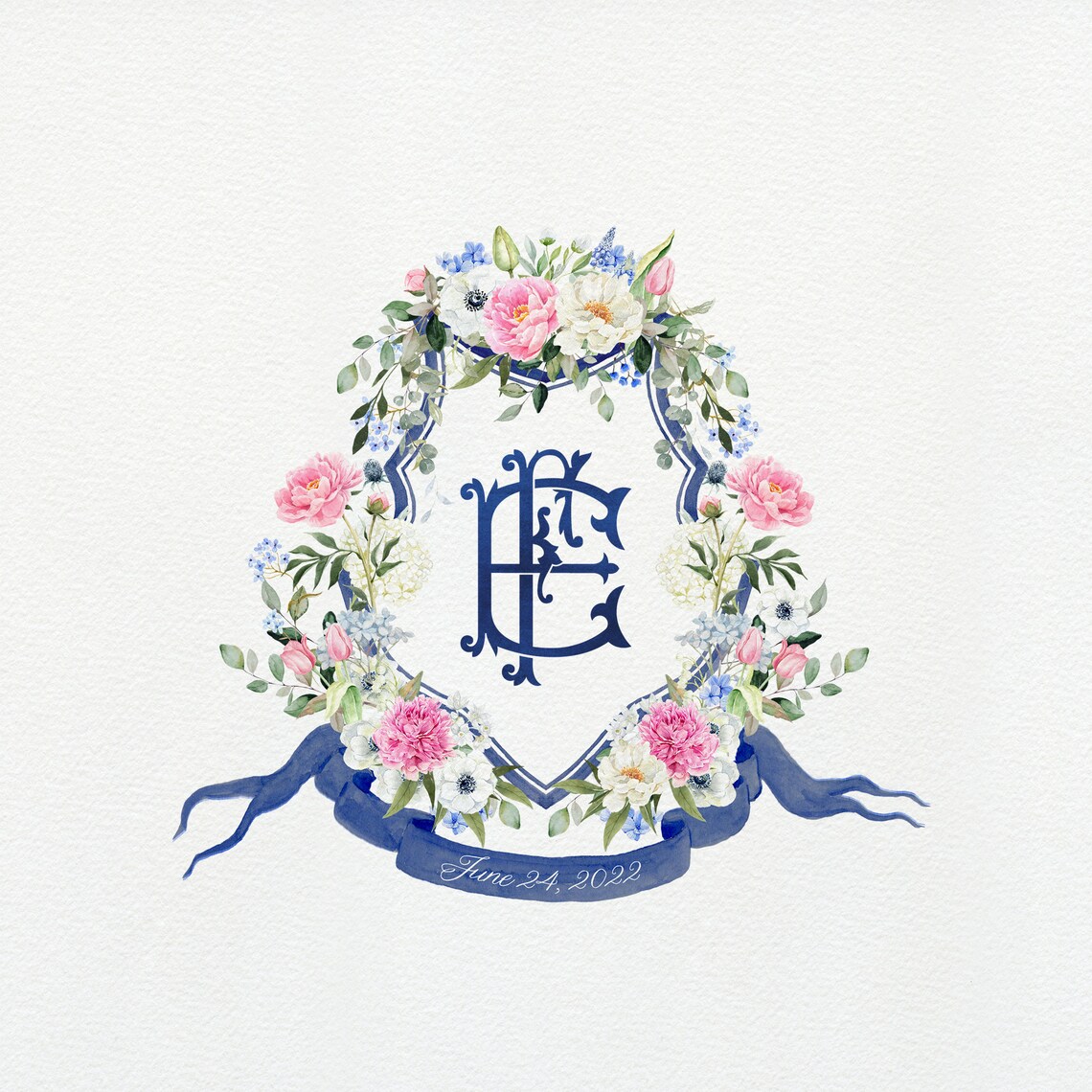 Classic Blue Pink Watercolor Wedding Crest Monogram Monogram - Etsy
