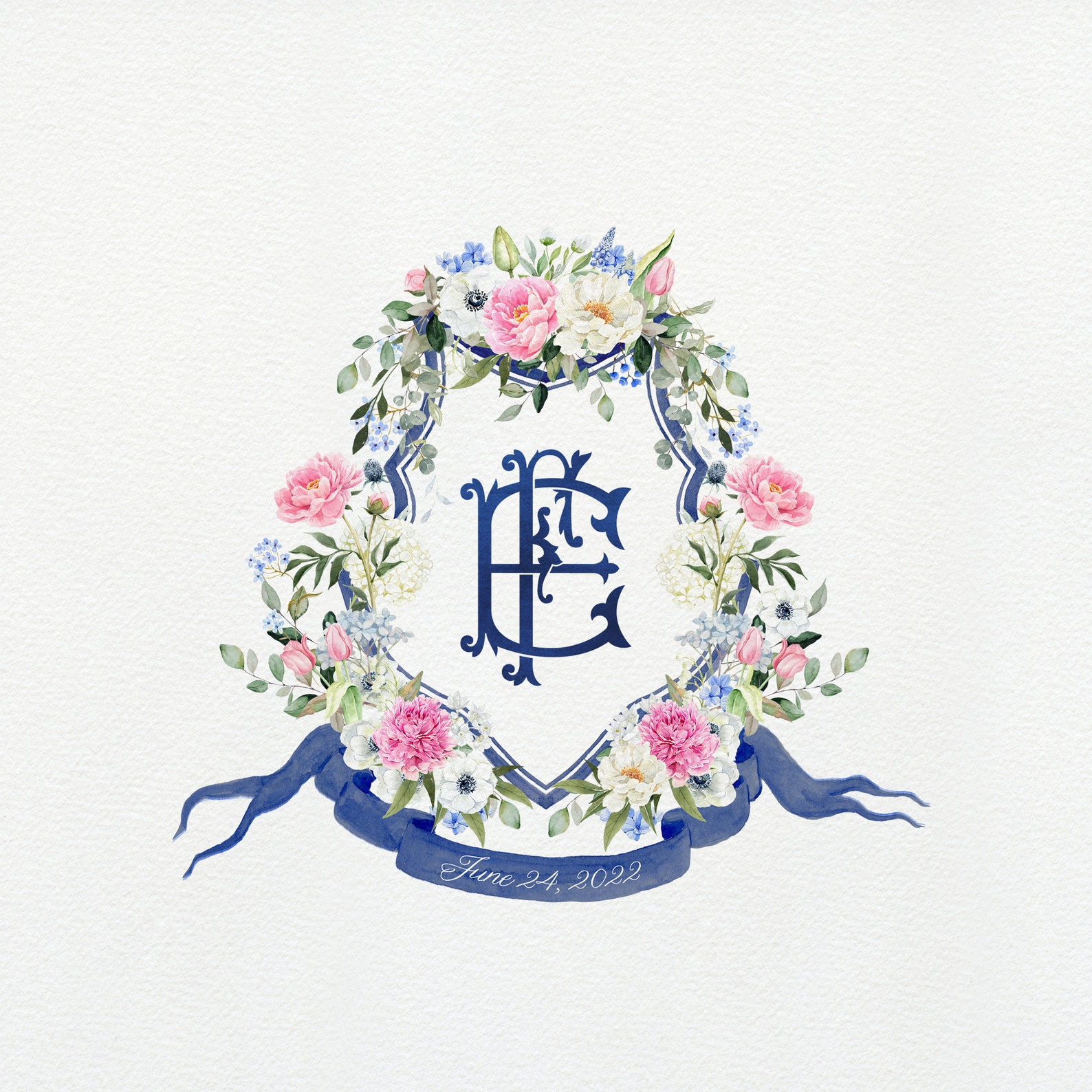 Classic Blue Pink Watercolor Wedding Crest Monogram Monogram - Etsy