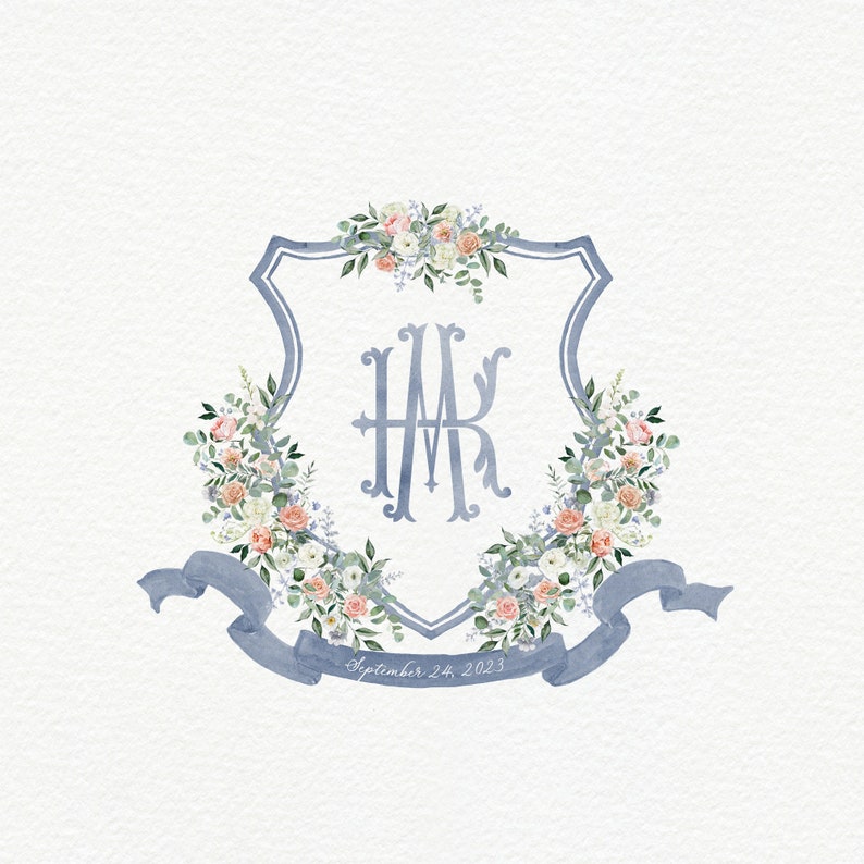 Blue and Pink Watercolor Wedding Crest Monogram Crest | Etsy