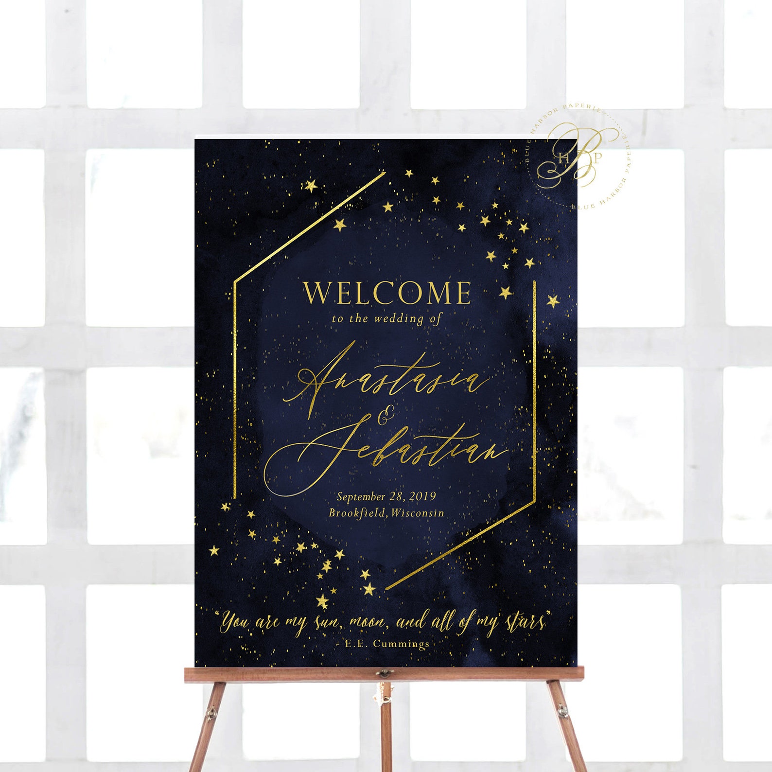 Celestial Wedding Welcome Sign: Navy Watercolor Starry Night (digital ...
