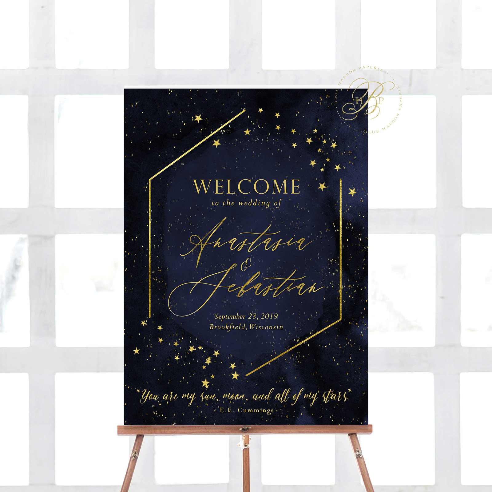 Celestial Wedding Welcome Sign: Navy Watercolor Starry Night (digital ...