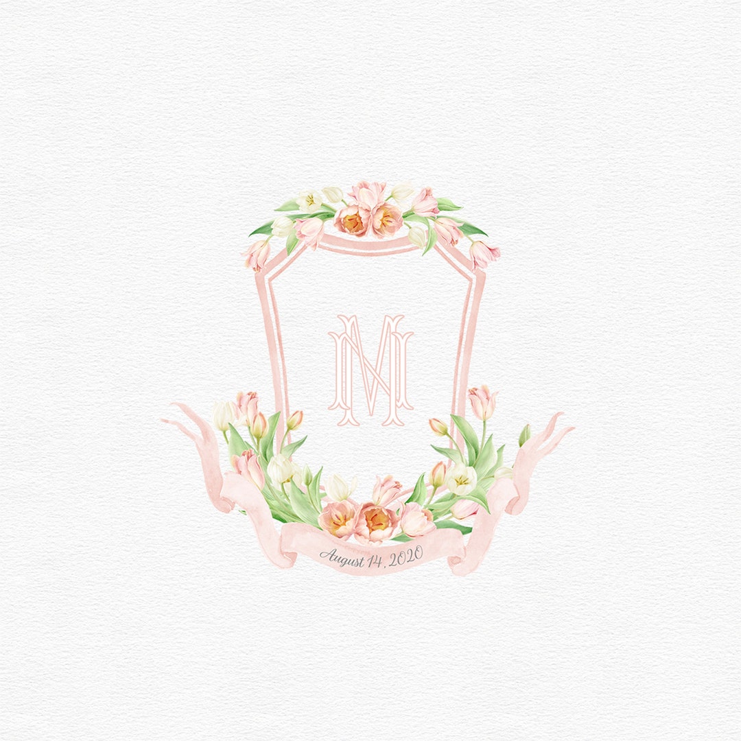 Pink Tulips Watercolor Wedding Crest Monogram | Monogram Logo ...