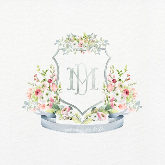 Dusty Blue and Pink Watercolor Wedding Crest Monogram Crest - Etsy