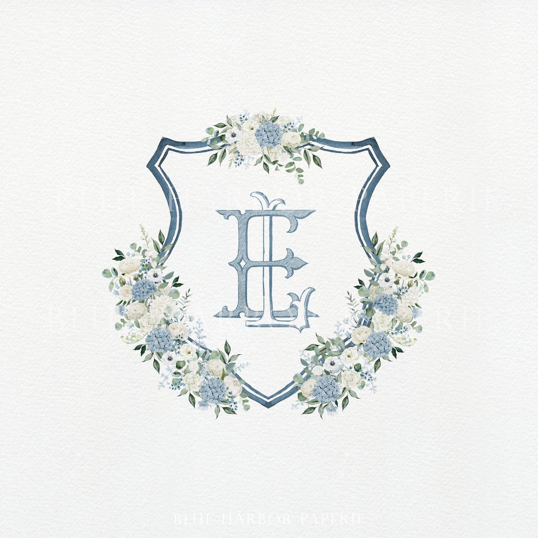 Navy Blue Hydrangea Wedding Crest: Watercolor Monogram (digital ...