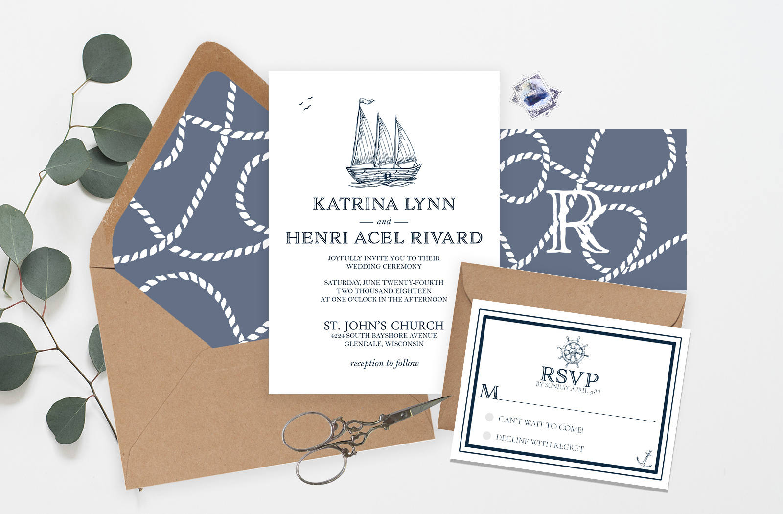 Navy Nautical Wedding Invitation Suite Hand drawn | Etsy