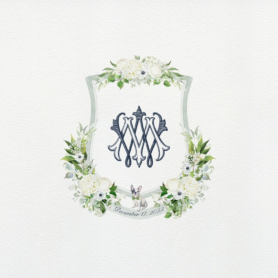 Sage Green and Navy Wedding Crest Monogram | Watercolor Greenery ...
