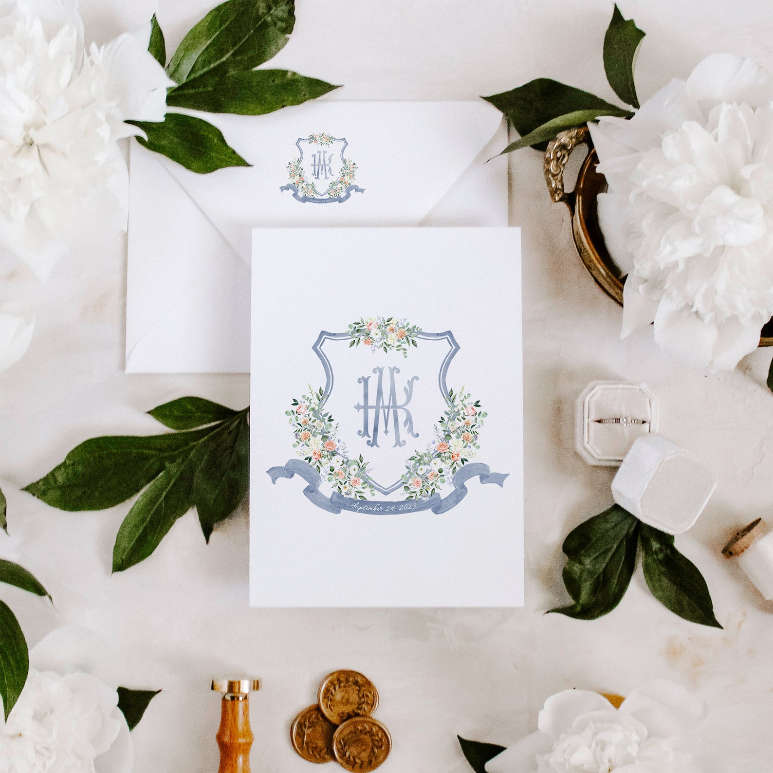 Blue and Pink Watercolor Wedding Crest Monogram Crest | Etsy