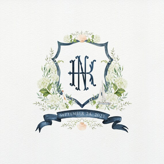 Navy Blue Nautical Wedding Crest Watercolor Crest Monogram - Etsy
