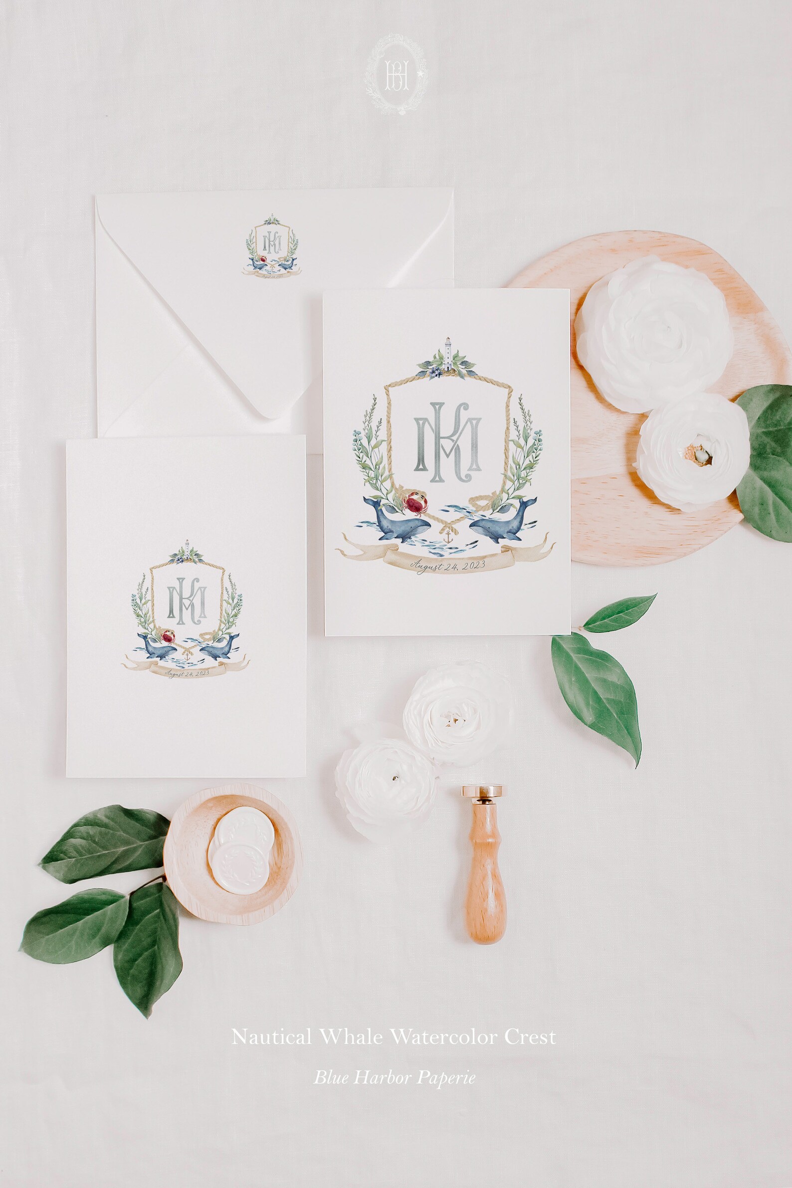 Ocean Wedding Watercolor Crest Monogram Whale Crest - Etsy