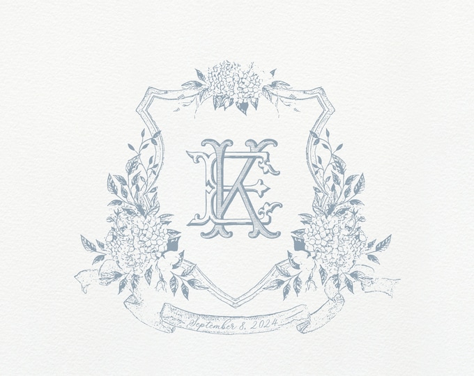 Vintage Hydrangea Wedding Crest Line Art Wedding Crest One Color Drawn ...