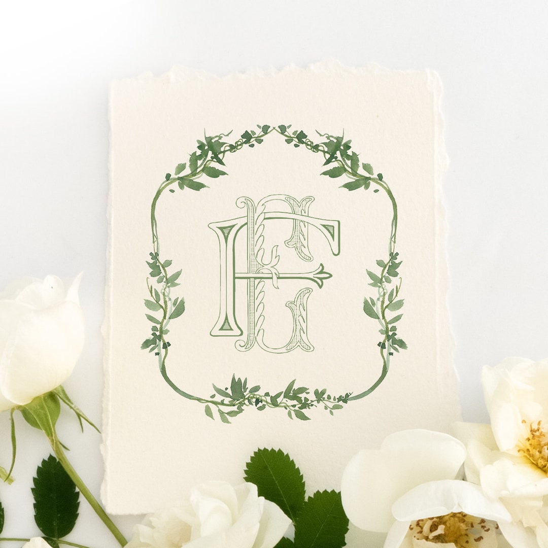 Greenery Watercolor Monogram Wedding Crest | Monogram Logo | Interlock ...
