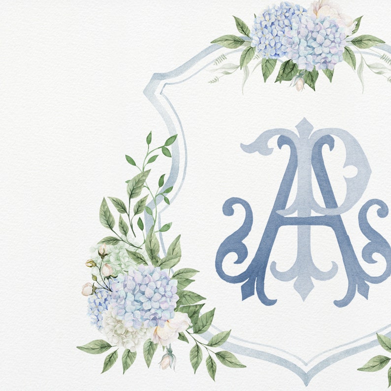 Blue and White Hydrangea Wedding Crest Monogram Watercolor - Etsy
