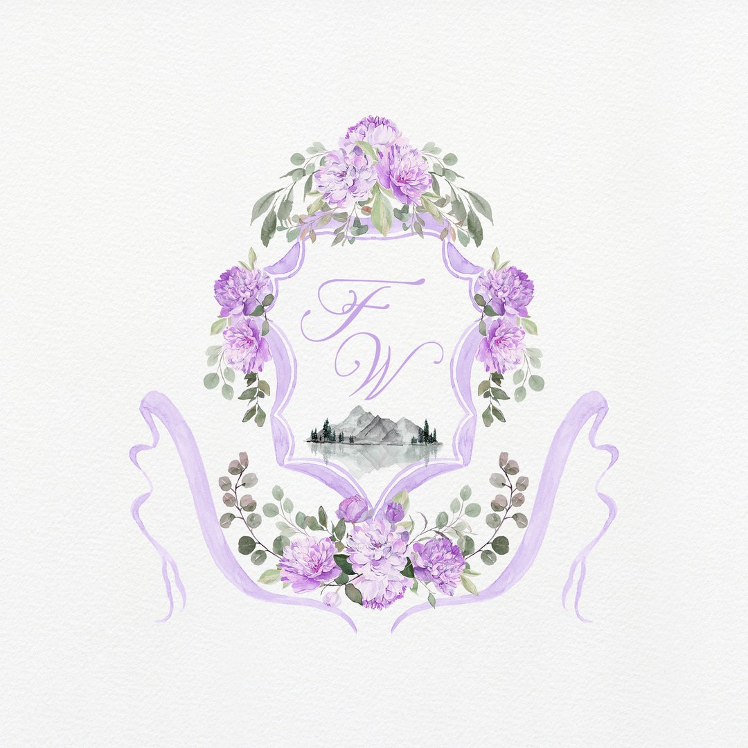 Purple Peonies Watercolor Wedding Crest: Two-letter Monogram (digital ...