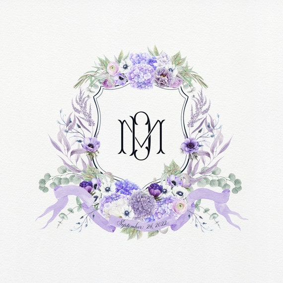 Purple Watercolor Wedding Crest Monogram Monogram Logo | Etsy