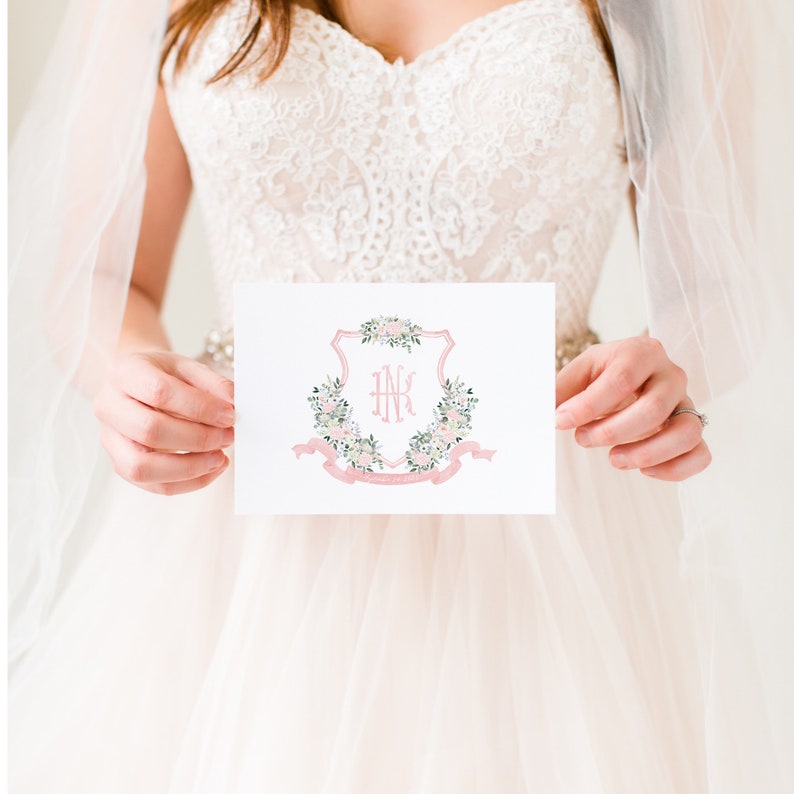 Blush Pink and White Wedding Crest Monogram Crest Golden - Etsy