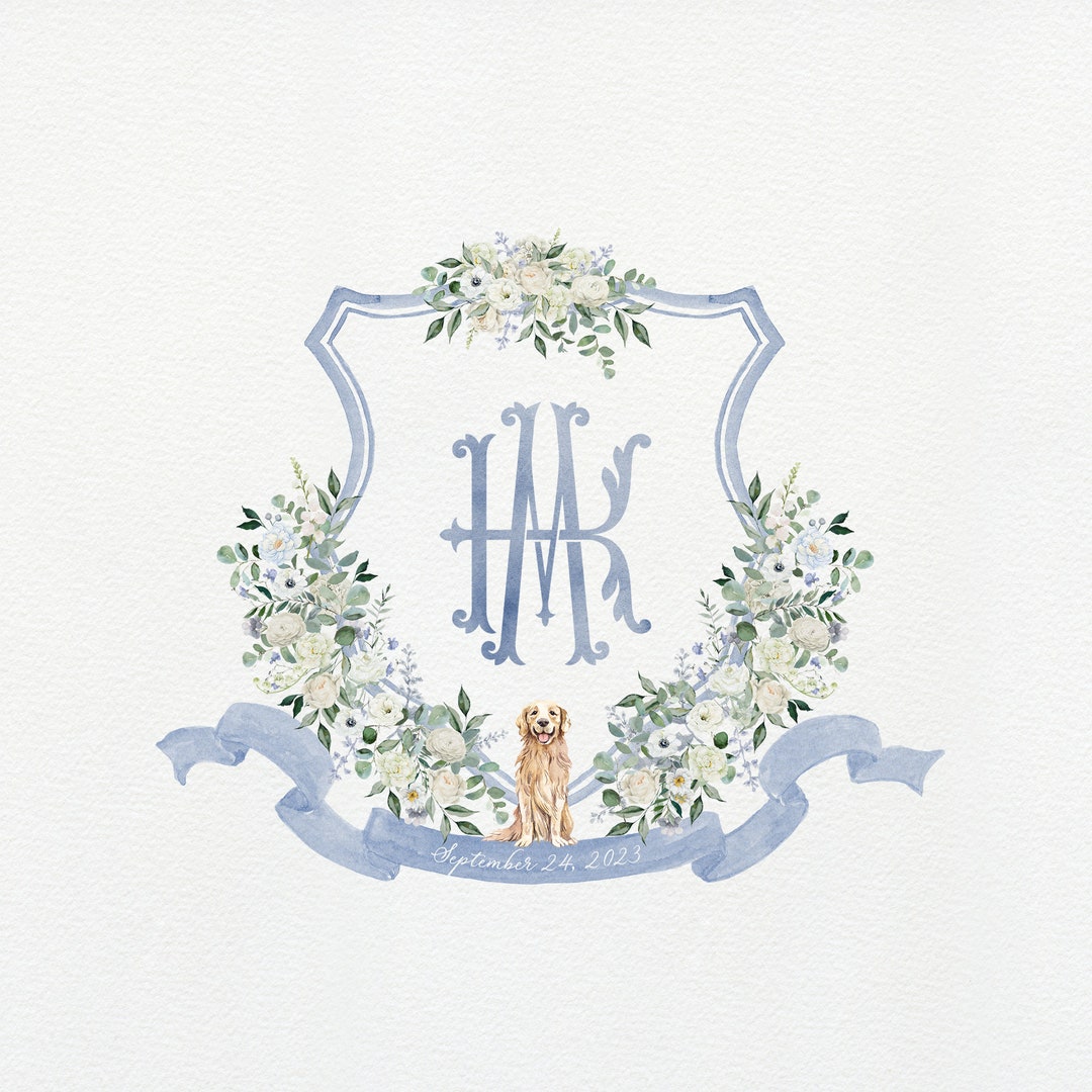 Watercolor Wedding Crest: Blue Floral, Golden Retriever, Monogram ...