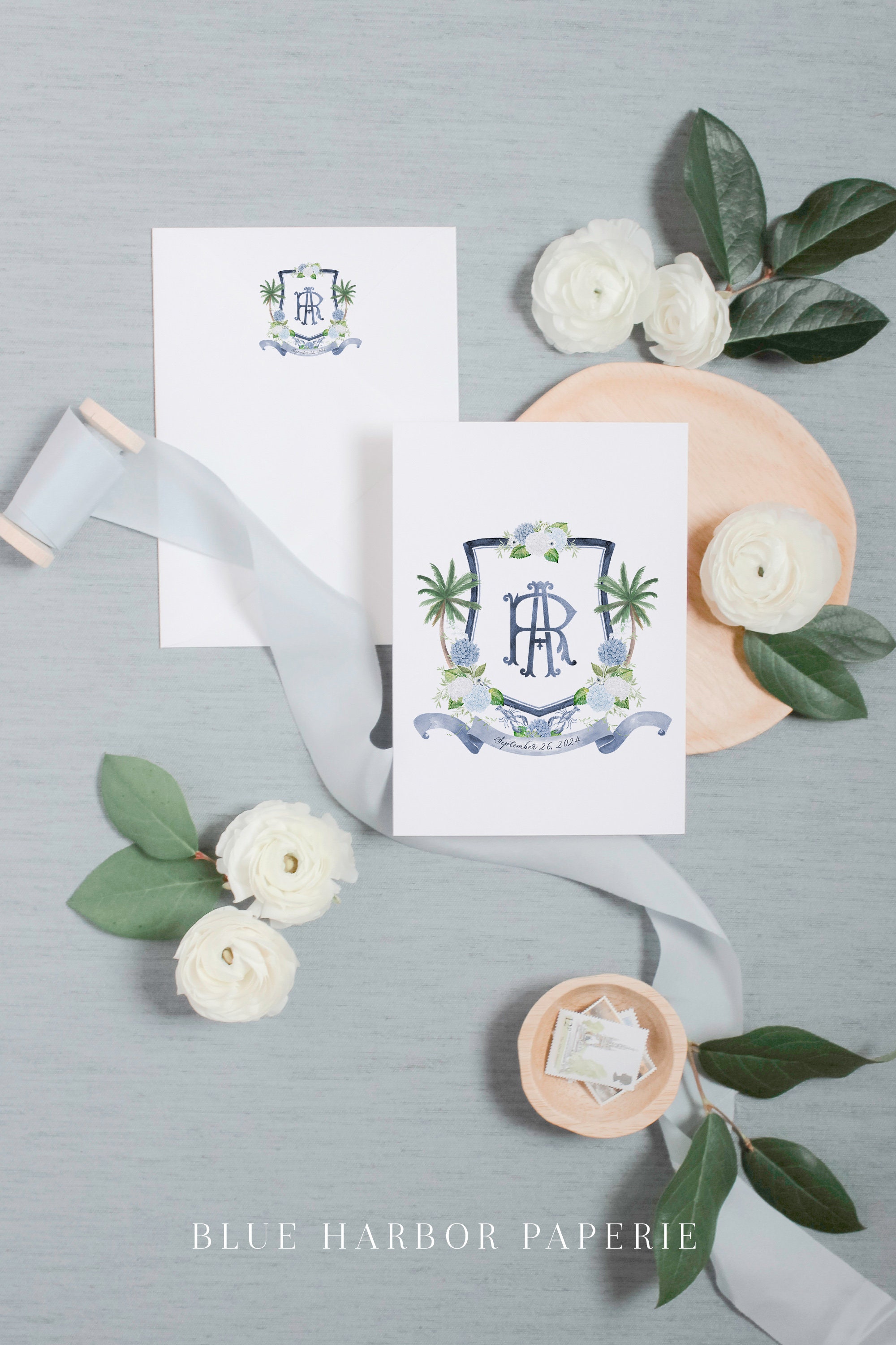 Watercolor Wedding Crest: Navy Blue Monogram, Tropical Palm (digital ...