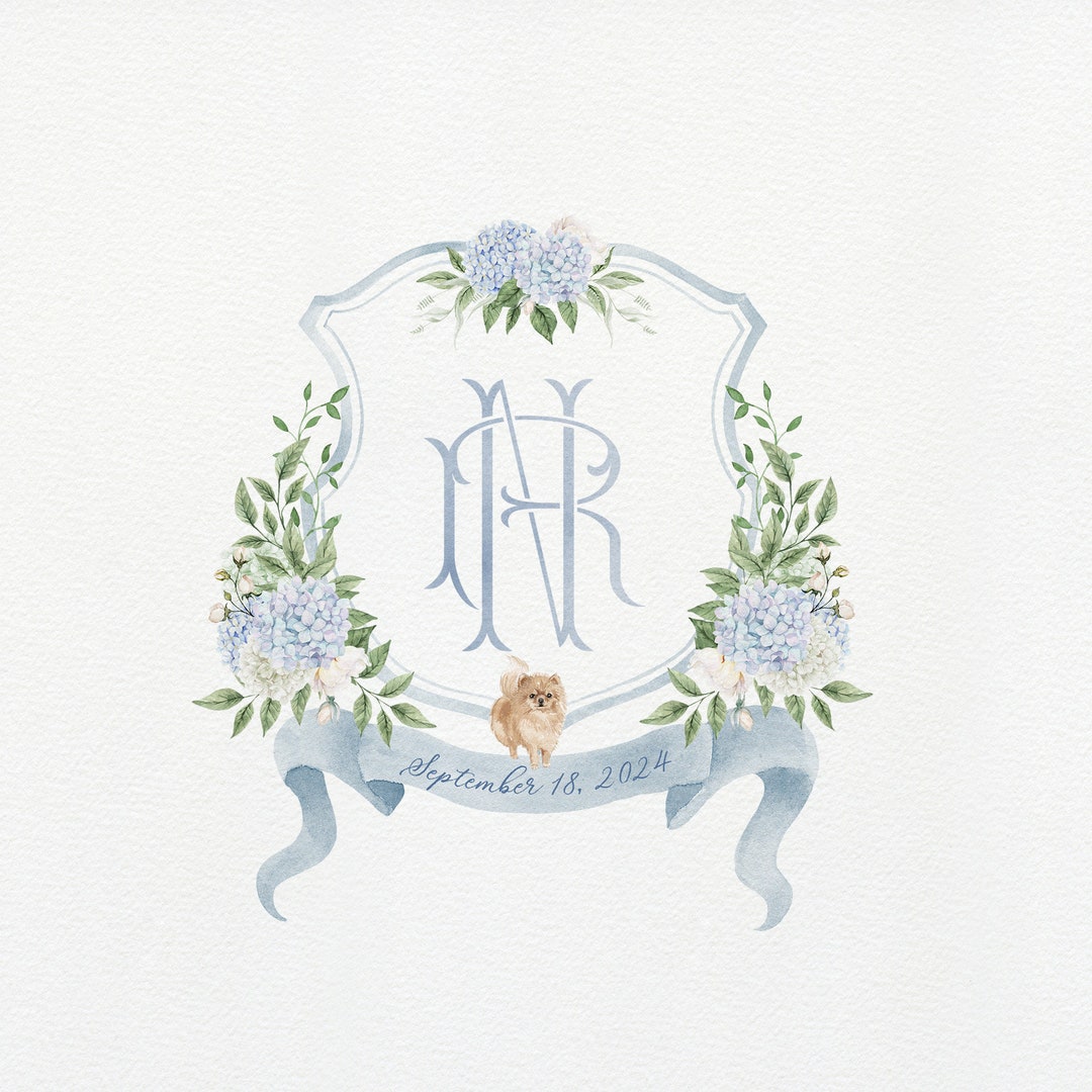 Blue and White Hydrangea Wedding Crest | Monogram Crest | Pomeranian ...