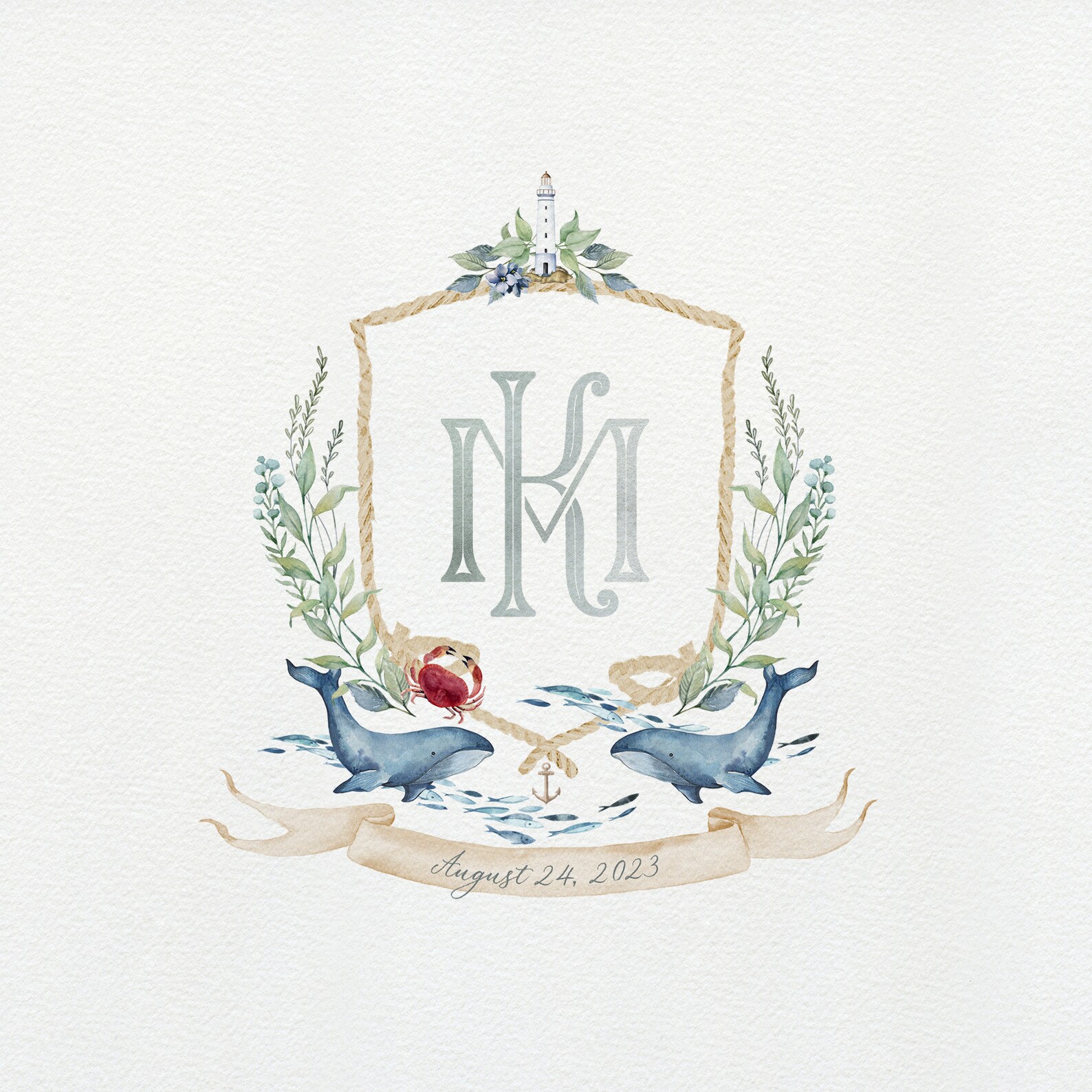 Ocean Wedding Watercolor Crest Monogram Whale Crest - Etsy