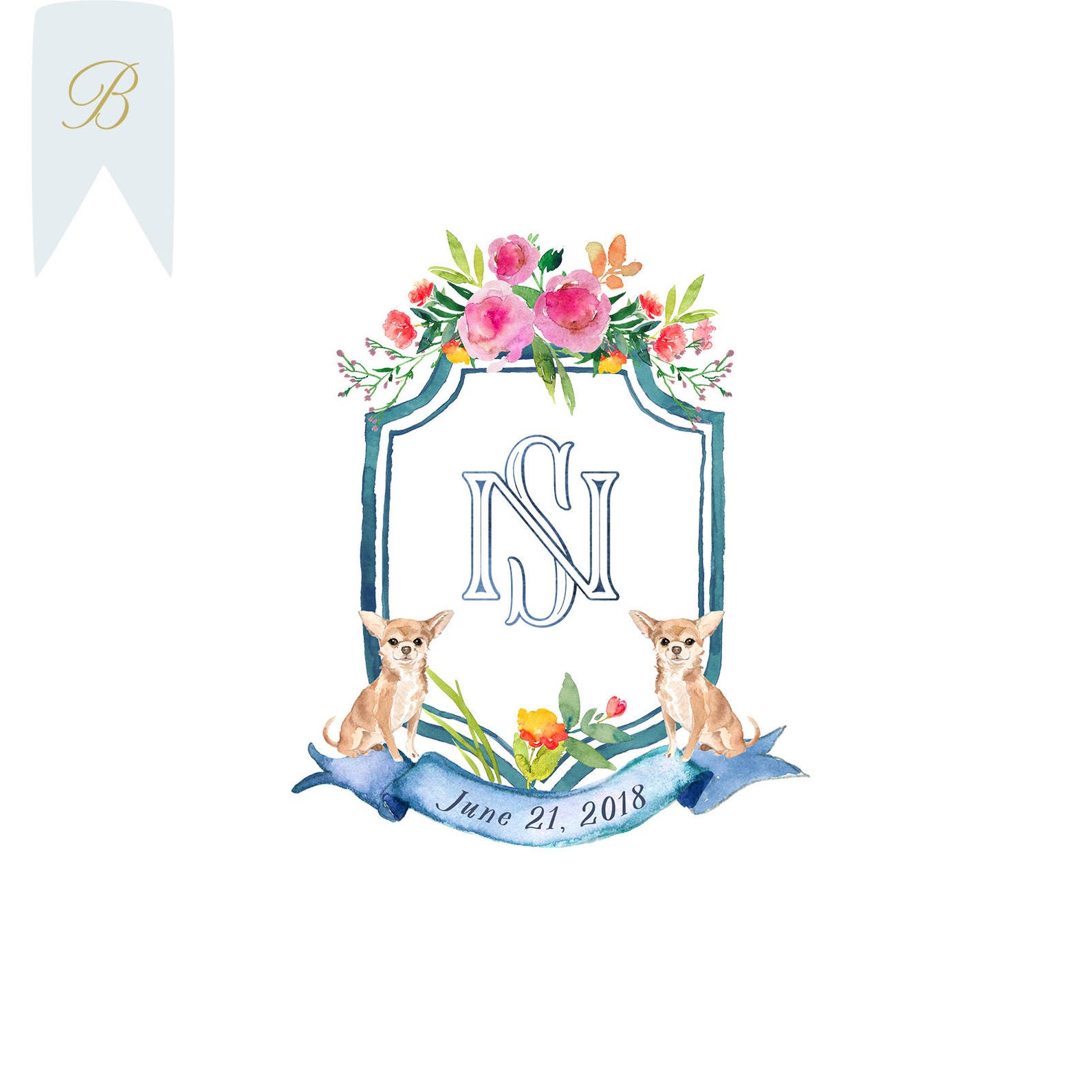 Bright Blue Watercolor Wedding Crest Monogram Logo - Etsy