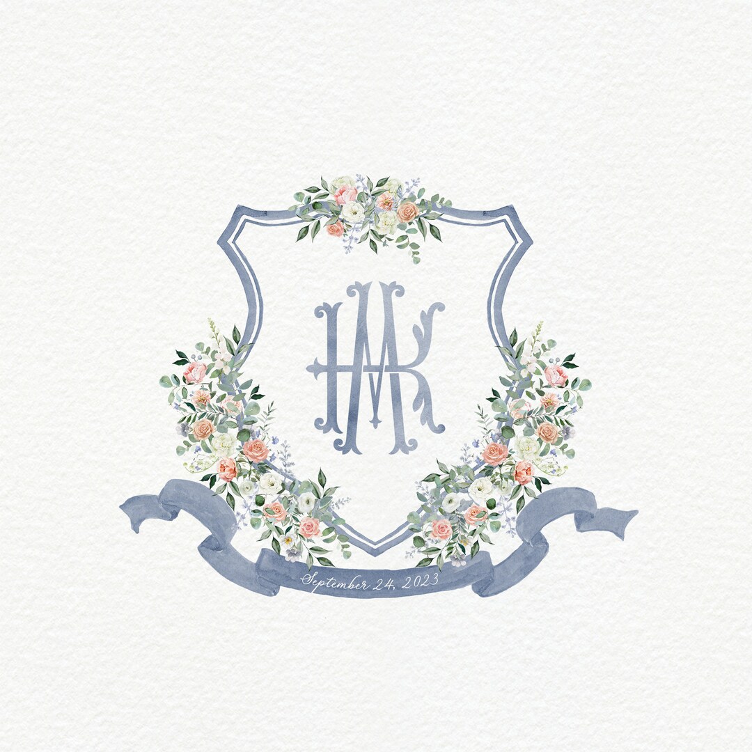 Blue and Pink Watercolor Wedding Crest | Monogram Crest - Watercolor ...