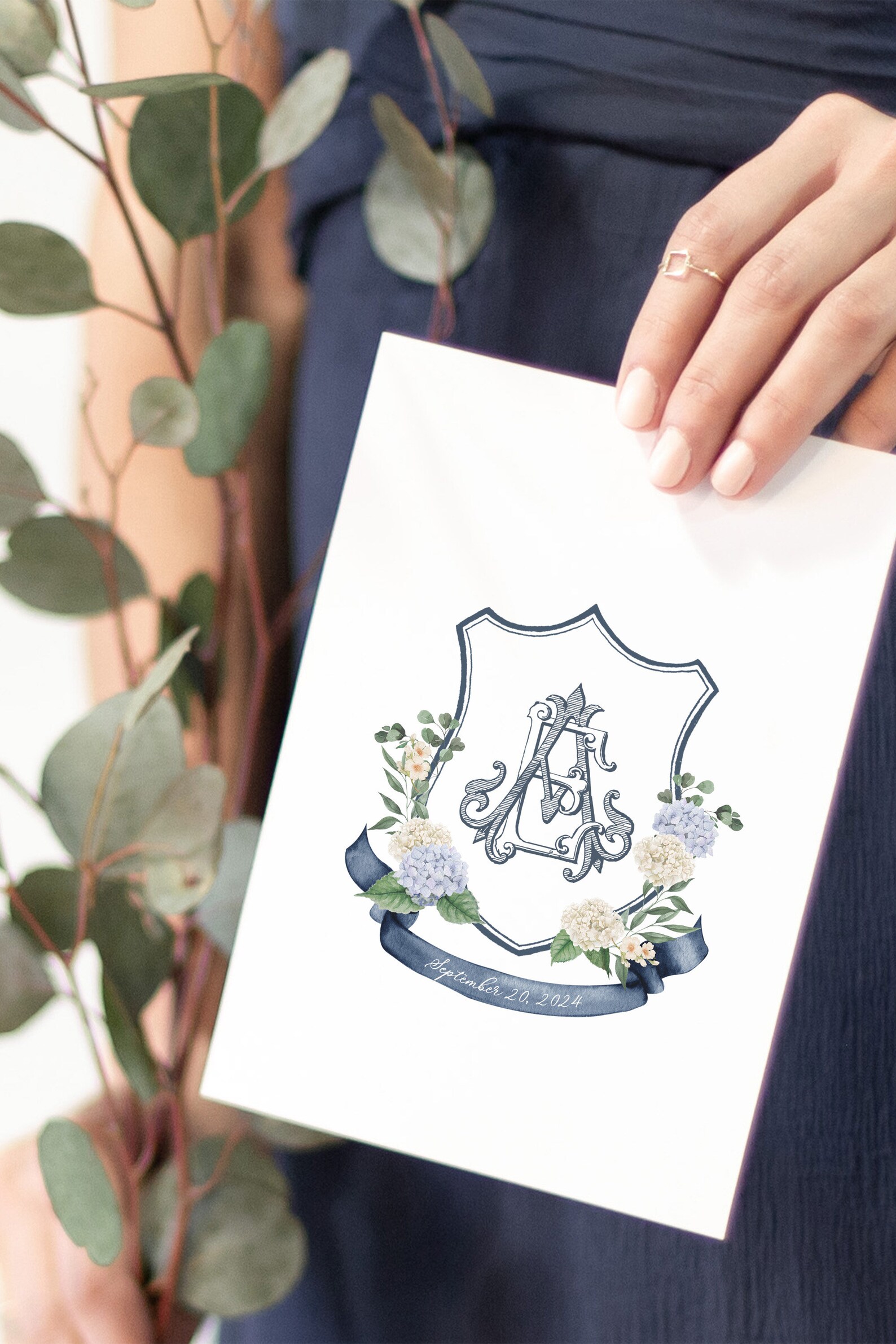Navy Hydrangeas Watercolor Wedding Crest Classic Monogram - Etsy