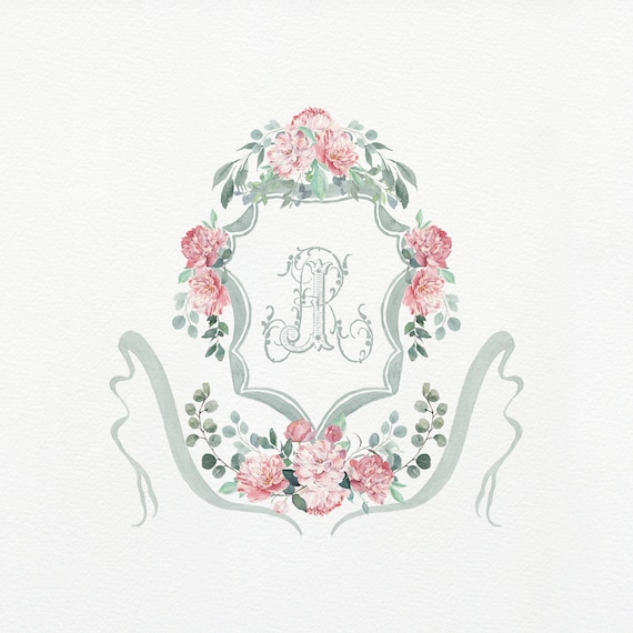 Pink Peonies Watercolor Wedding Crest Monogram Monogram Logo | Etsy