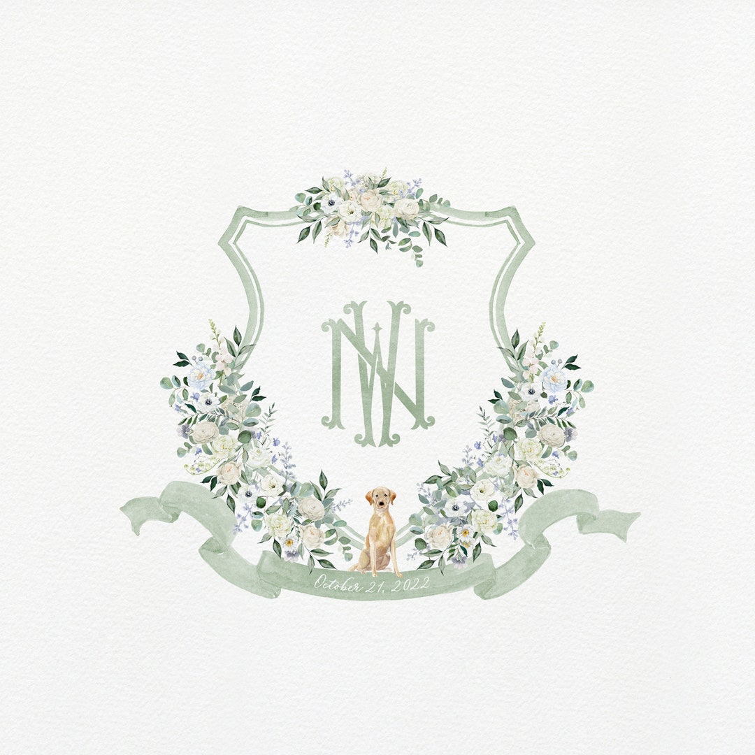 Sage Green Watercolor Wedding Crest Monogram Monogram Logo Two Letter ...