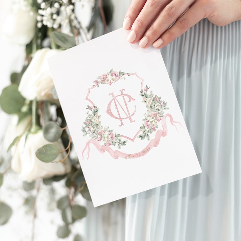 Pink Watercolor Wedding Crest Monogram Interlock | Etsy