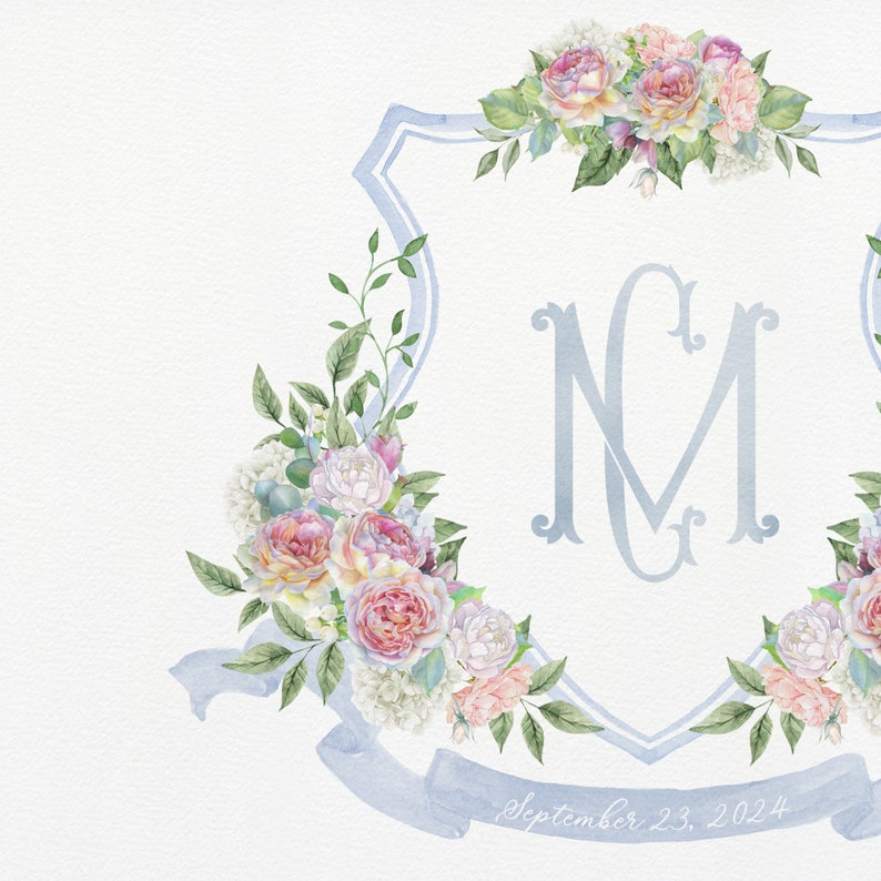 Blue and Pink Garden Roses Wedding Crest Garden Roses - Etsy
