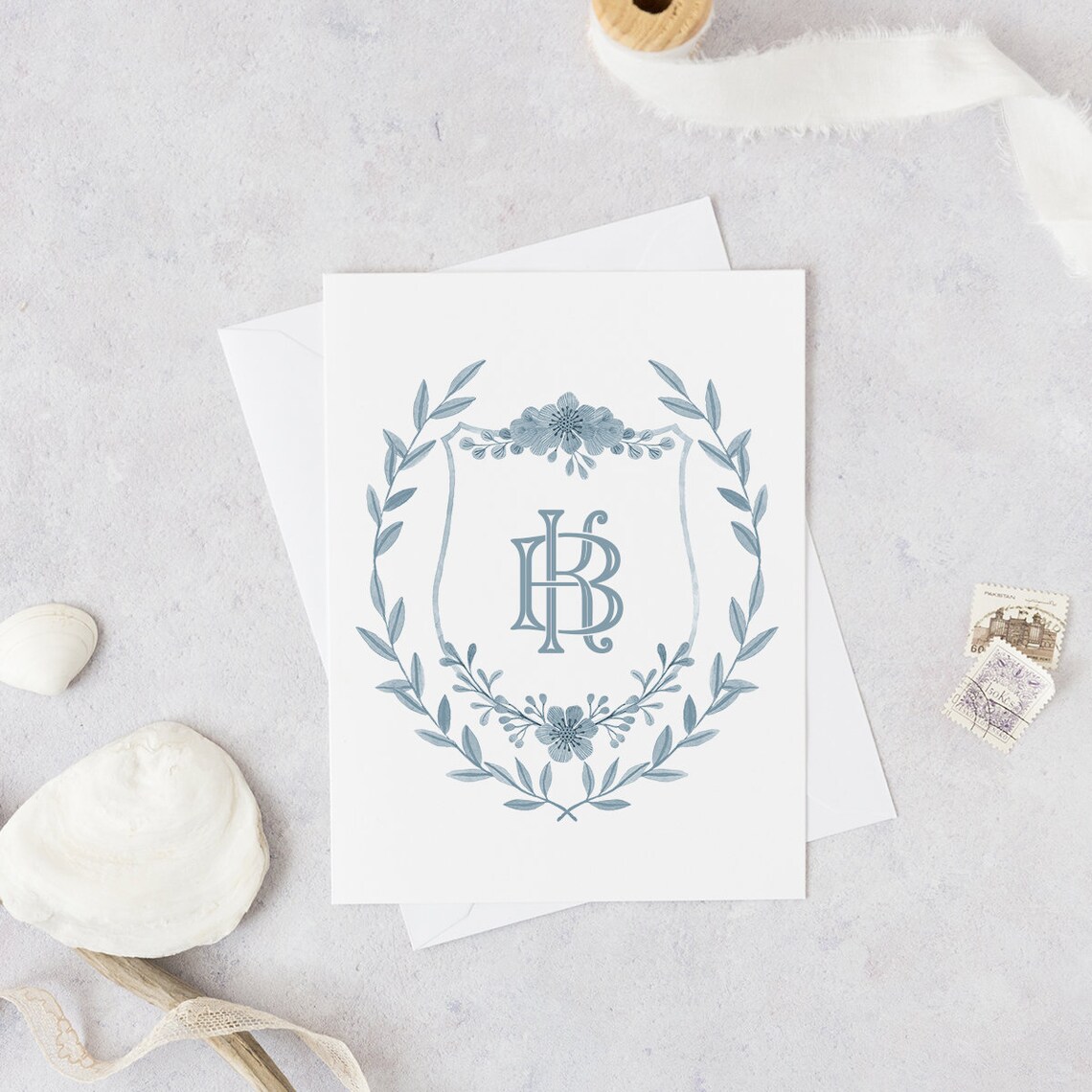 Dusty Blue Watercolor Floral Monogram Wedding Crest Monogram - Etsy