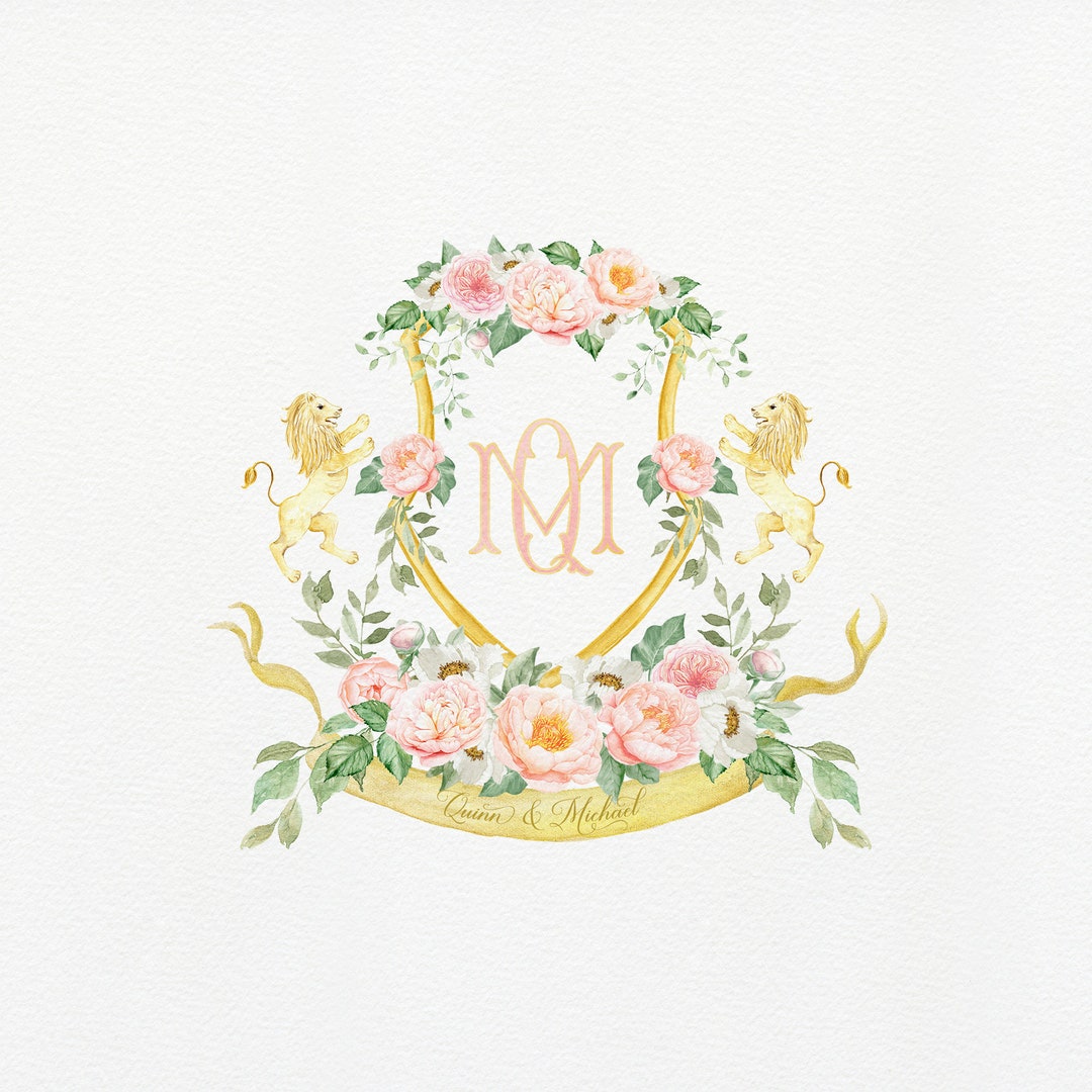 Gold and Pink Watercolor Wedding Crest Monogram | Royal Monogram Logo ...