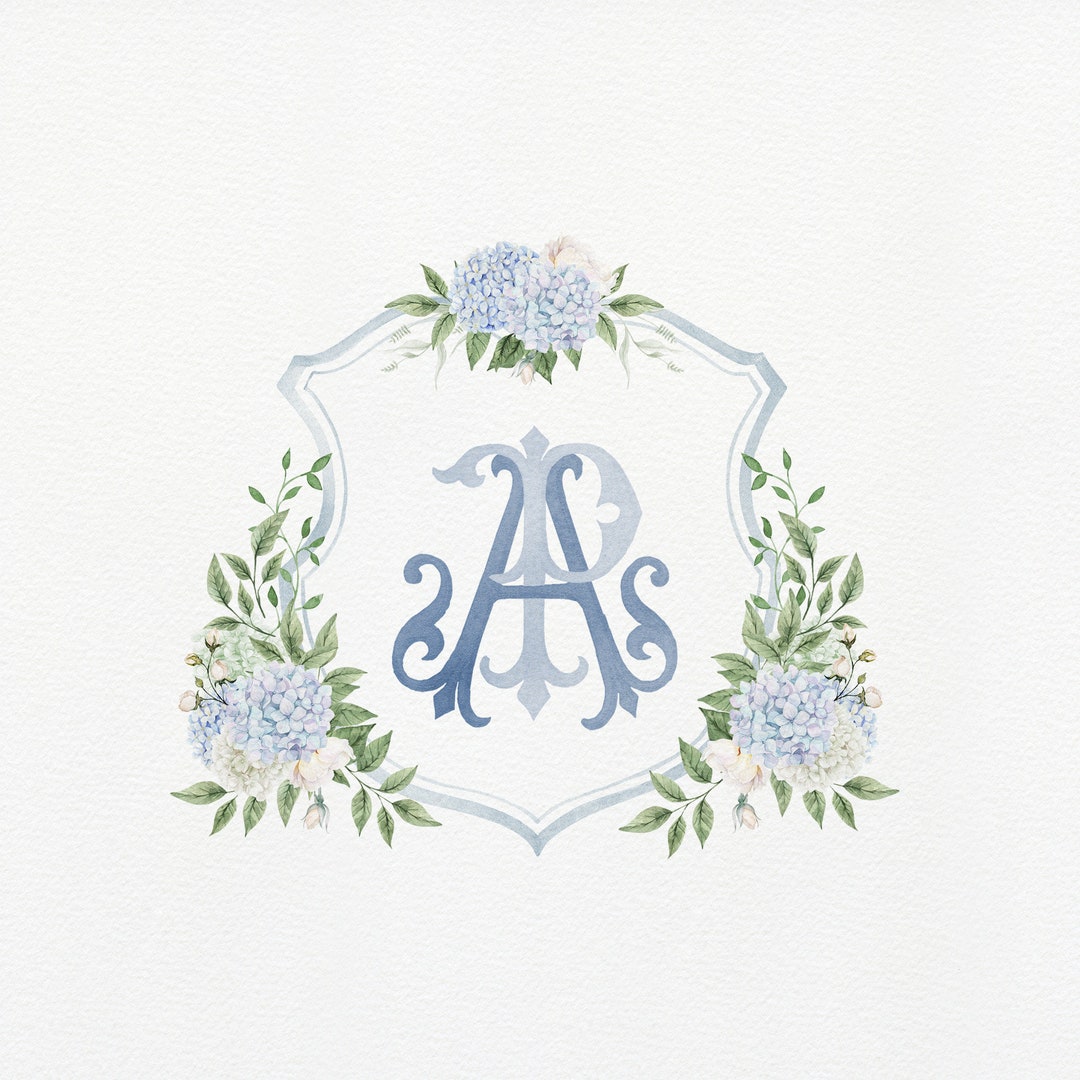 Blue and White Hydrangea Wedding Crest Monogram | Watercolor Dog Crest | Watercolor Crest ...