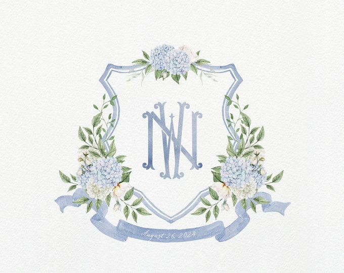 Blue and White Hydrangea Wedding Crest Monogram Crest Blue Hydrangea Crest Watercolor Crest Blue ...