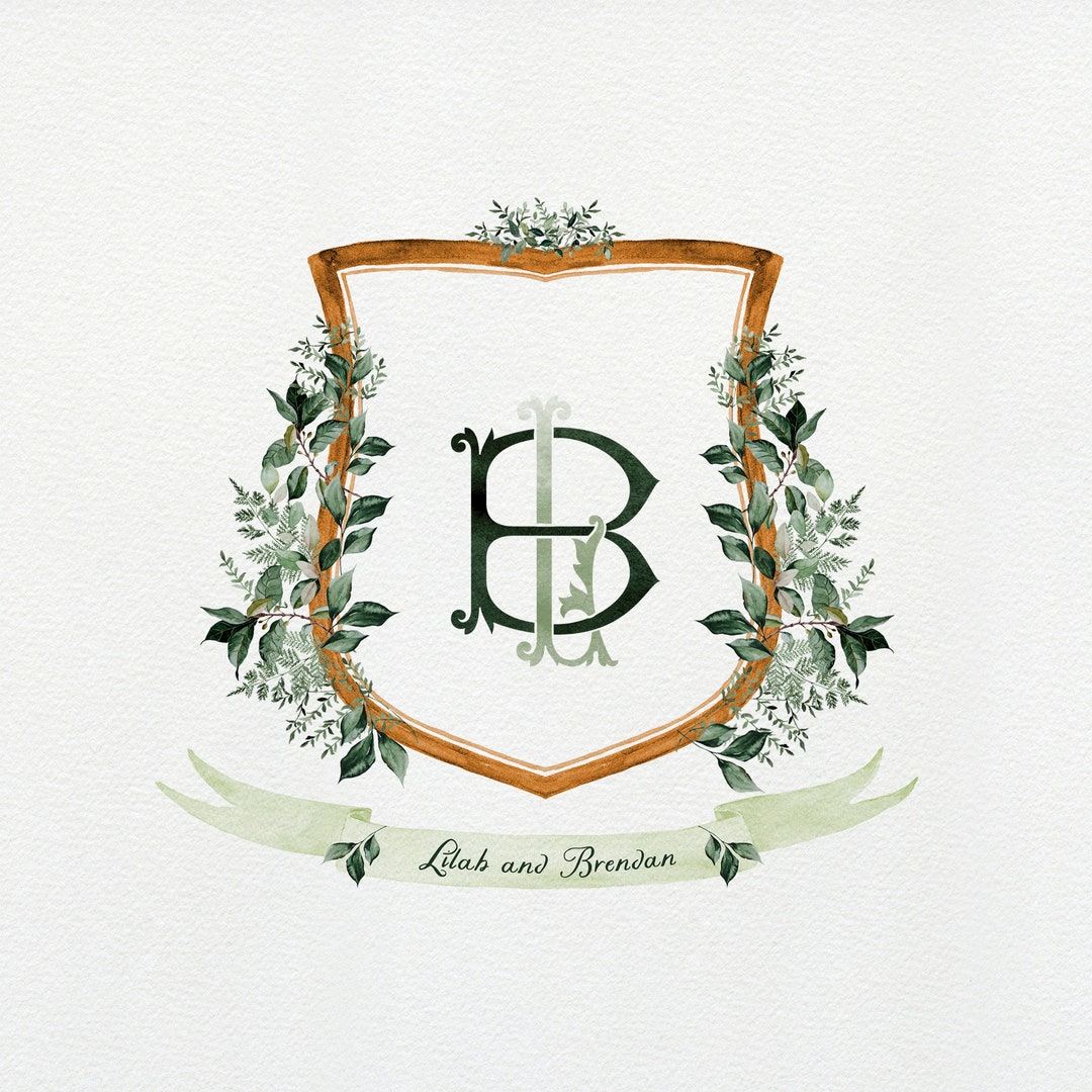Greenery and Gold Watercolor Monogram Wedding Crest Monogram Crest ...