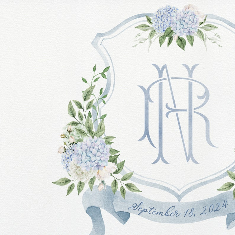 Blue and White Hydrangea Wedding Crest Monogram Crest - Etsy