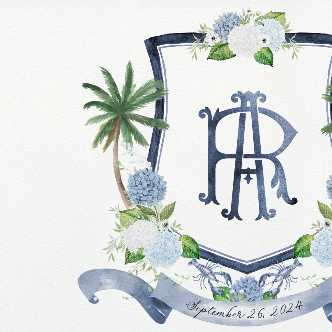Watercolor Wedding Crest: Navy Blue Monogram, Tropical Palm (digital ...
