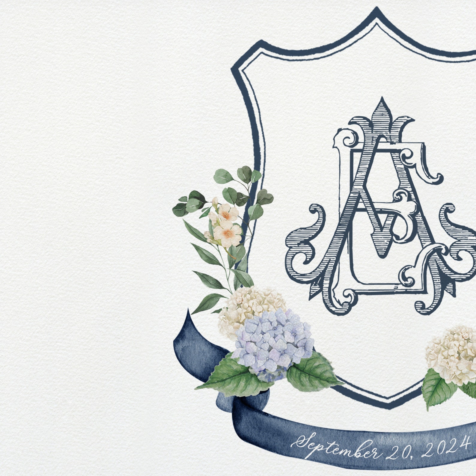 Navy Hydrangeas Watercolor Wedding Crest Classic Monogram - Etsy