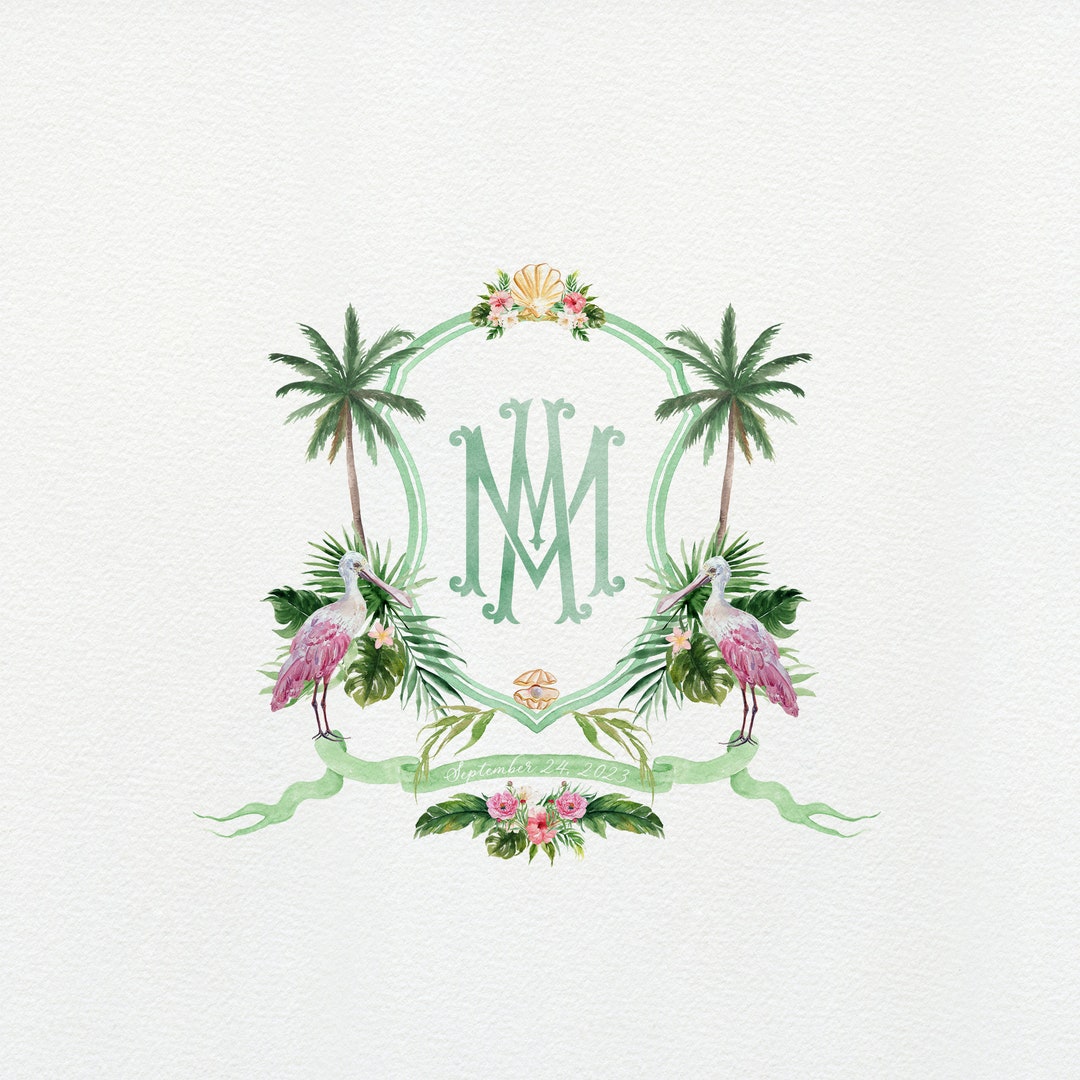 Tropical Watercolor Wedding Crest | Monogram Wedding Shield | Palm ...