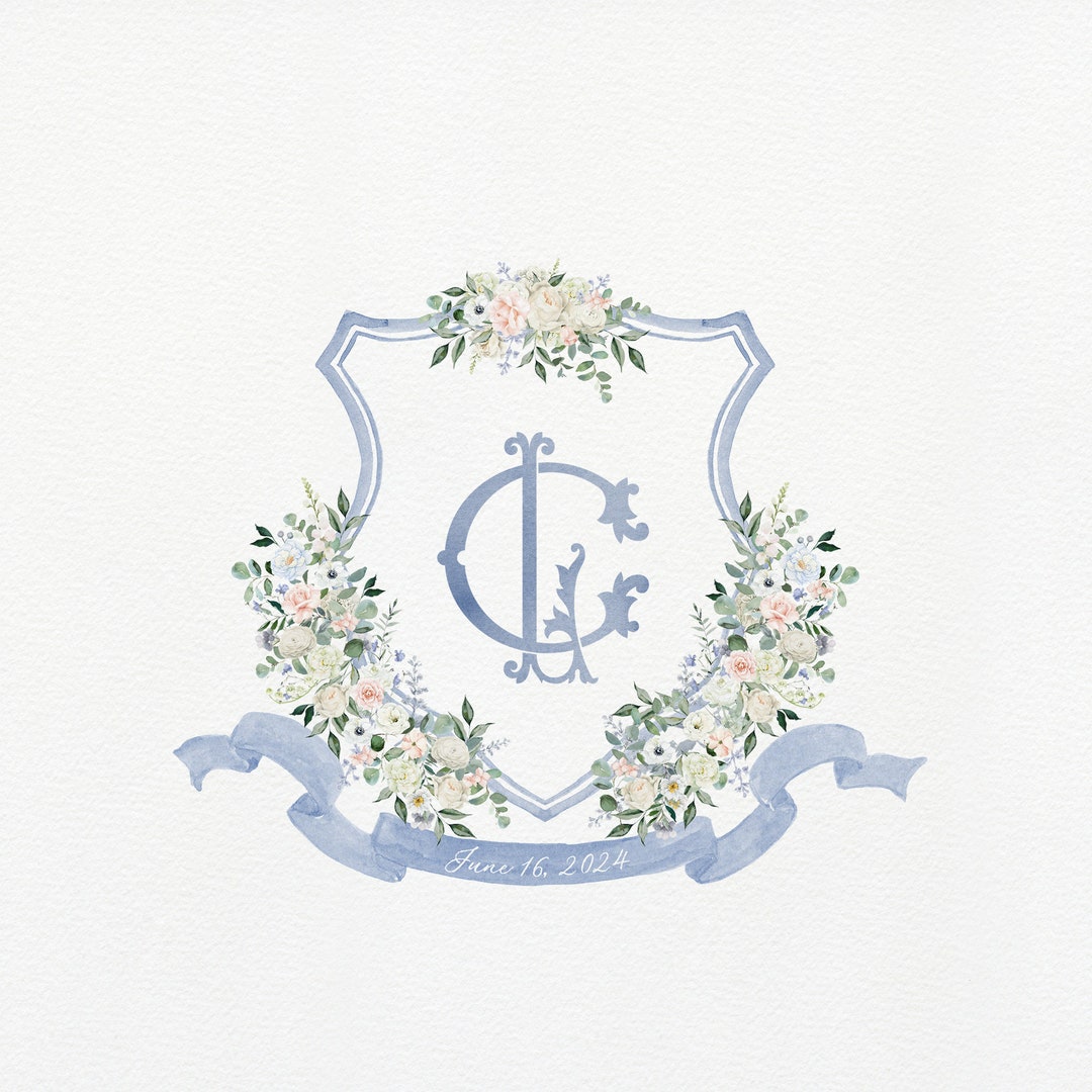 Blue and White Blush Pink Wedding Crest | Monogram Crest | Golden ...