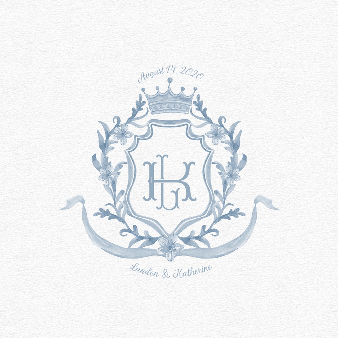 Dusty Blue Watercolor Floral Monogram Wedding Crest - Etsy