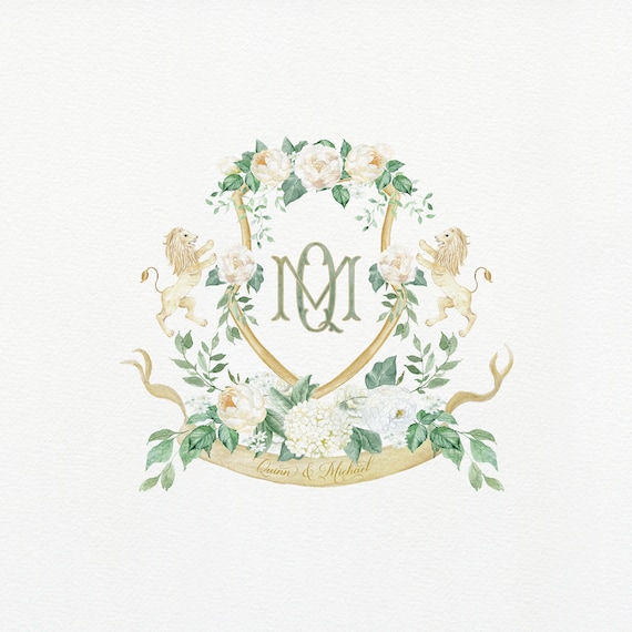 Greenery Watercolor Wedding Crest Monogram Royal Monogram | Etsy
