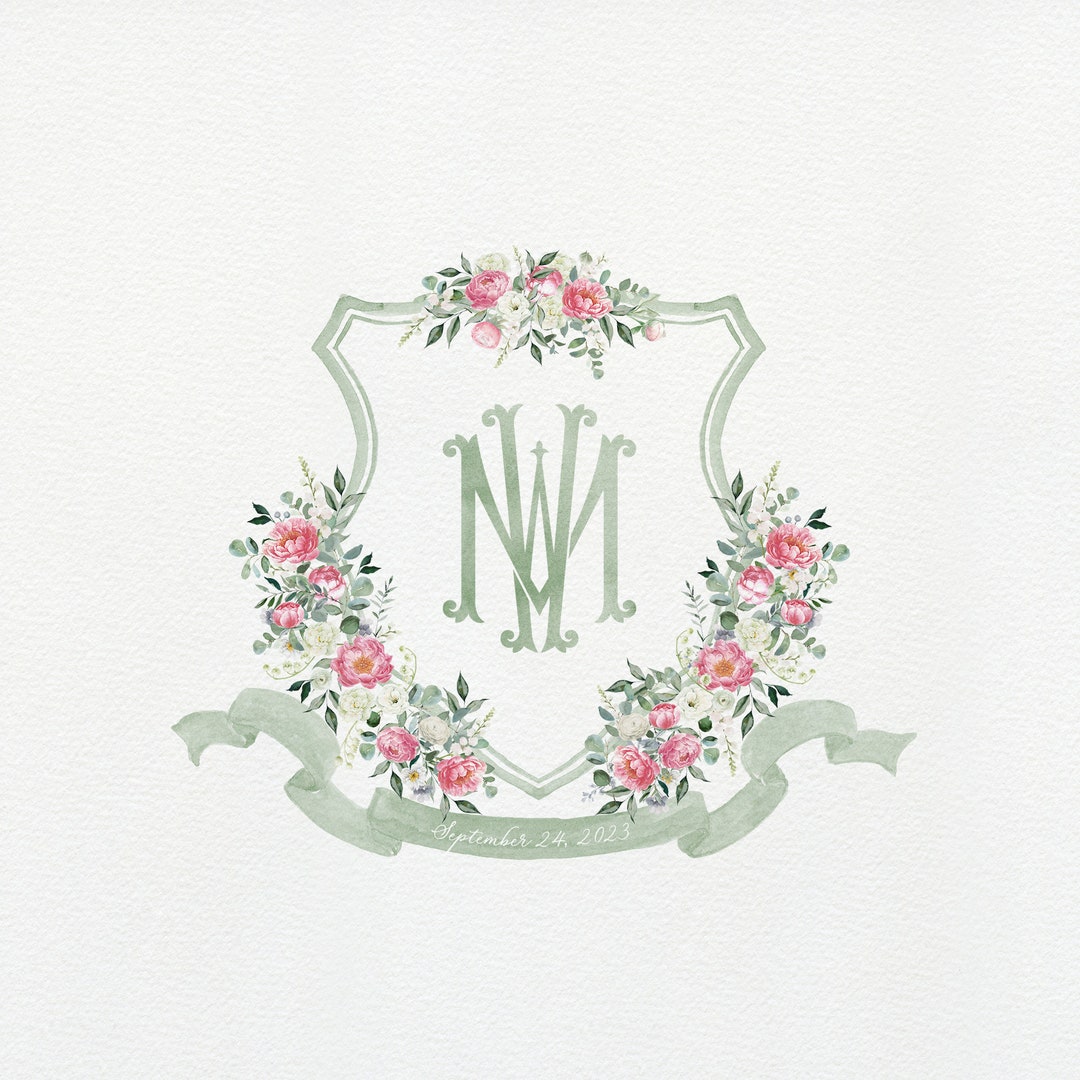Pink Peonies Watercolor Wedding Crest | Monogram Crest - Watercolor ...
