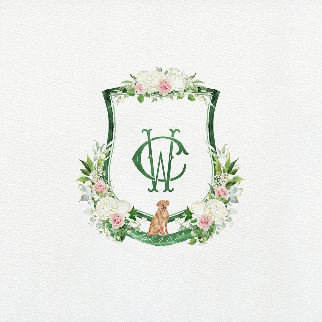 Emerald Green and Pink Watercolor Wedding Crest · Monogram Crest ...