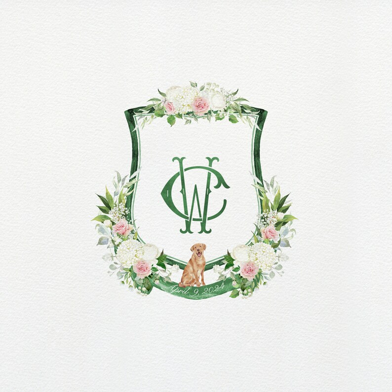 Emerald Green and Pink Watercolor Wedding Crest Monogram - Etsy
