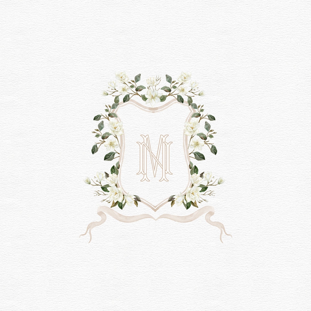 Magnolia Watercolor Crest Monogram | Magnolia Wedding Logo | Magnolia ...